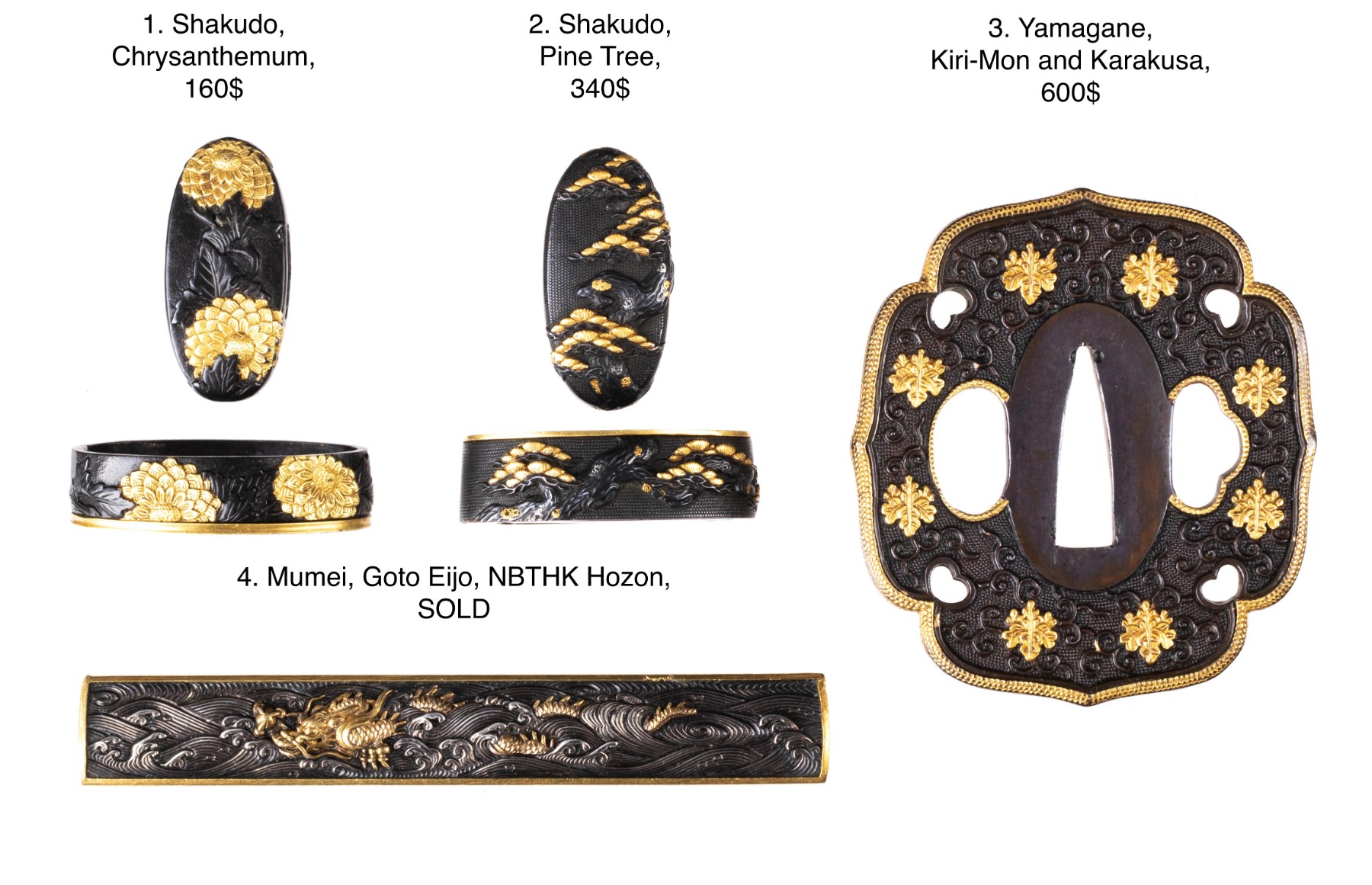 Chrysanthemum Fuchikashira, Pine Tree Fuchikashira and Kiri Mon Tsuba ...